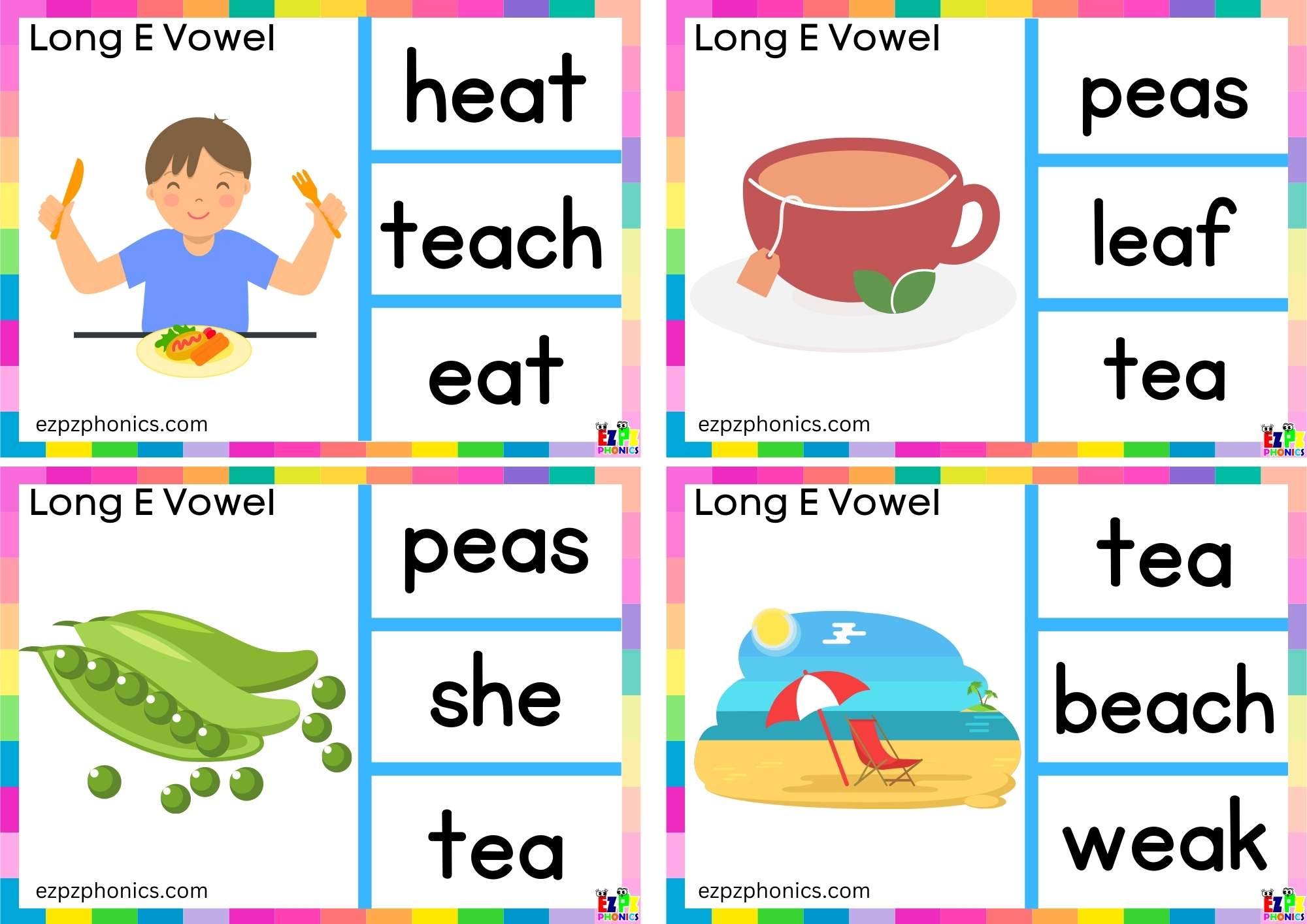 Look at the image and clip the correct word ea words Long e vowel Clip cards 3 - ezpzphonics.com